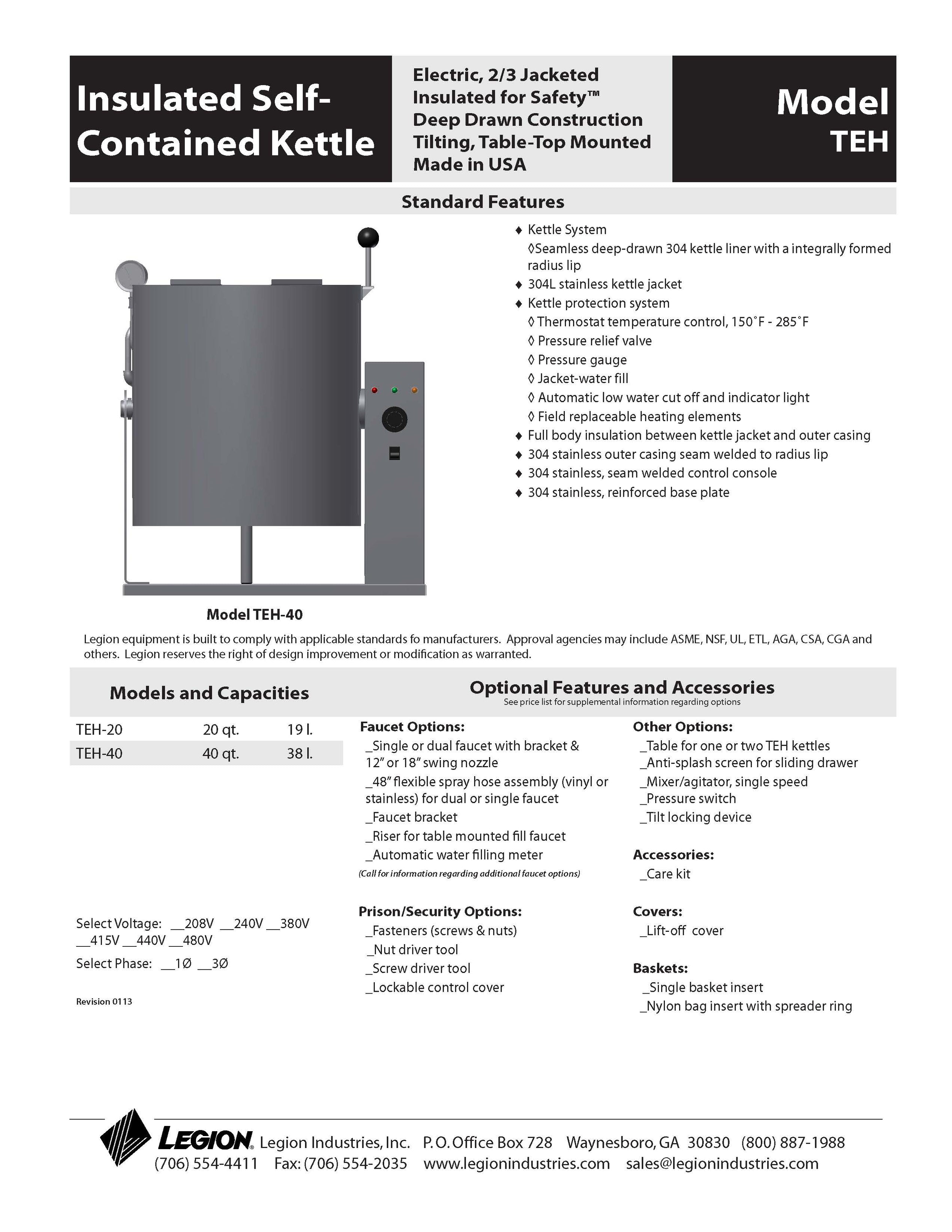 Insulated Self-Contained Kettle, Electric Models: TEH-40, TEH-20 ...
